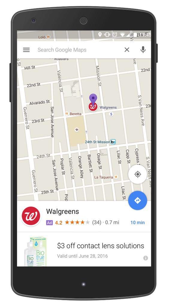 Google Map advertisement as purple pin and logos