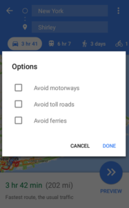 Google Maps - Routing - Avoid Tolls, ferries, Highways or Motorways
