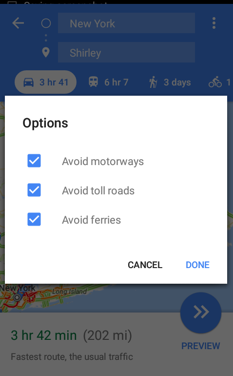 Google Maps - Routing - Avoid Tolls, ferries, Highways or Motorways
