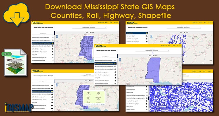 Download Mississippi state GIS maps - counties, rail, highway, shapefile