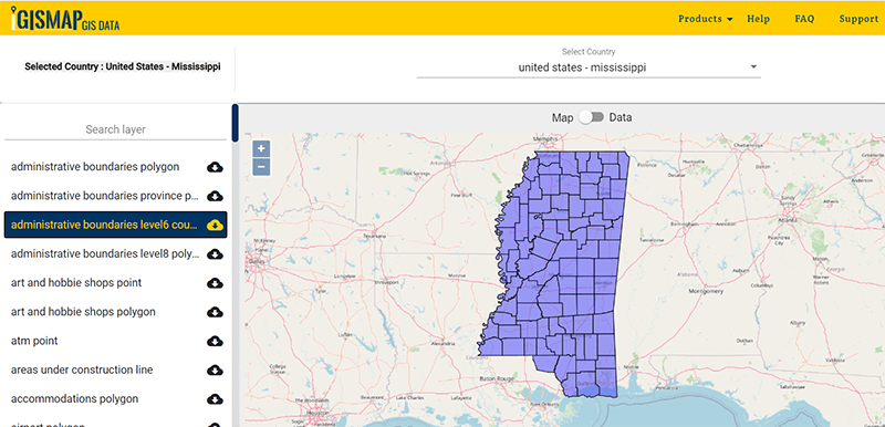 Download Mississippi state gis maps - counties, rail, highway, shapefile