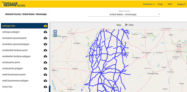Download Mississippi state GIS maps - counties, rail, highway, shapefile