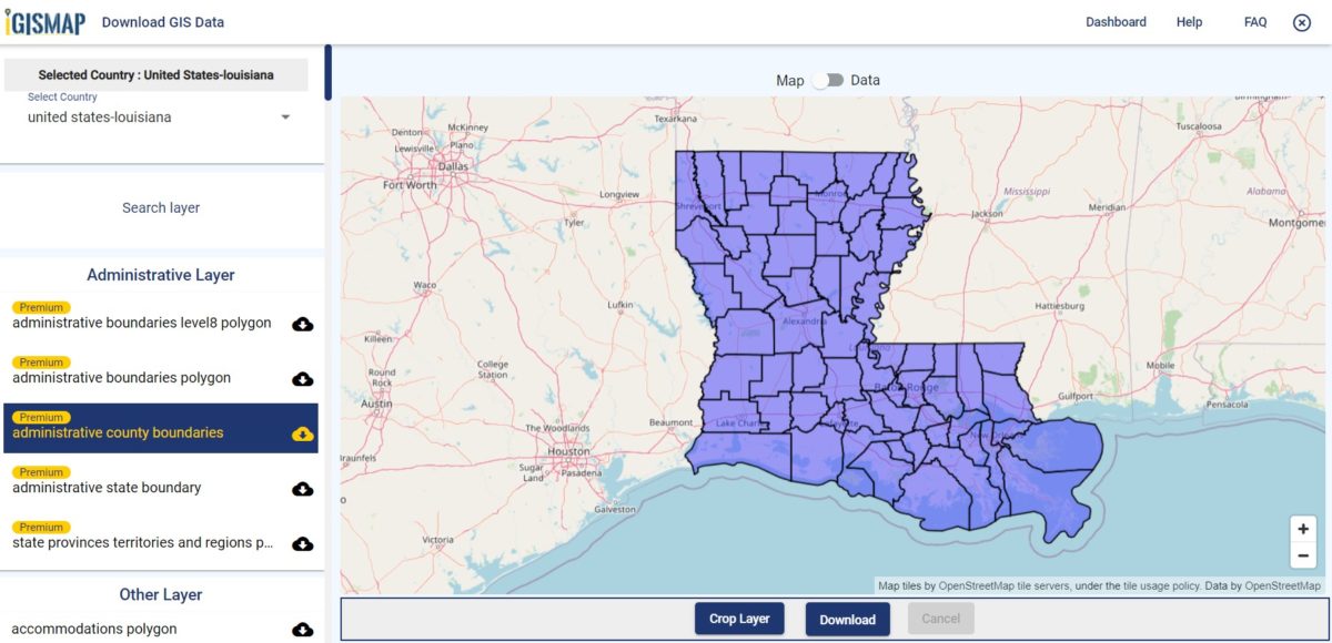 Download Louisiana State GIS Map - Boundary, Parishes, Rail, highway