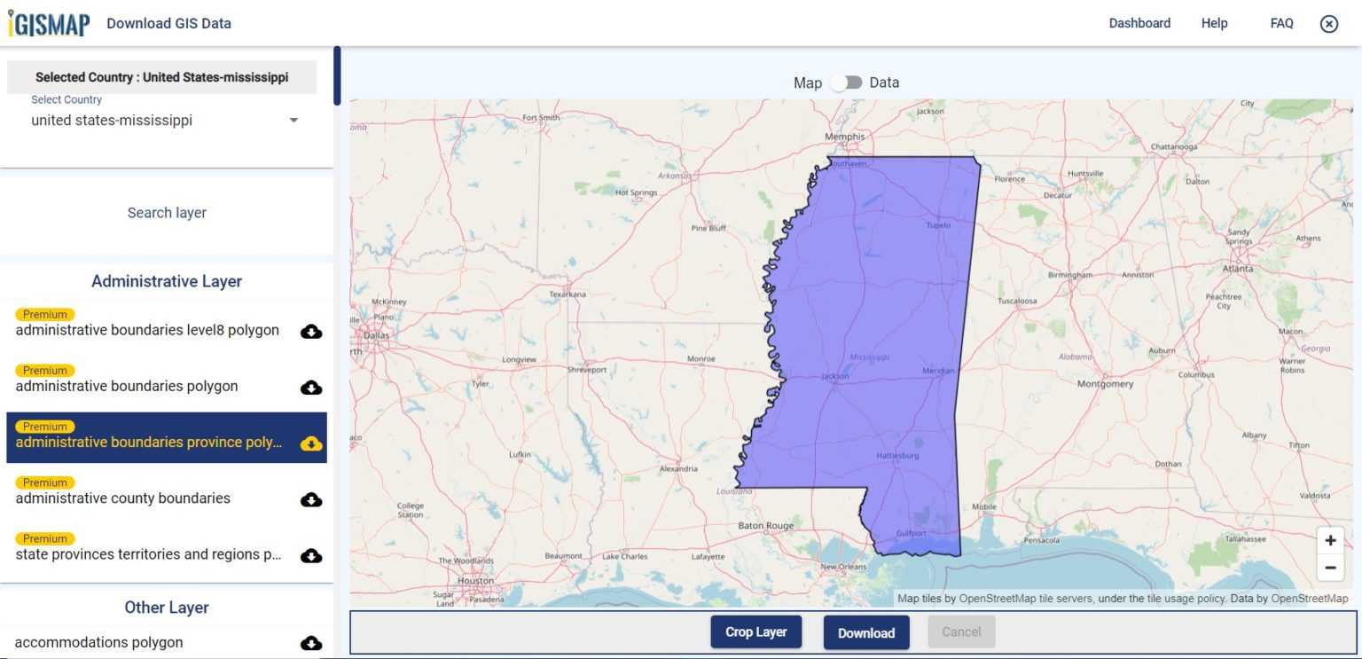 Download Mississippi state GIS maps - counties, rail, highway, shapefile