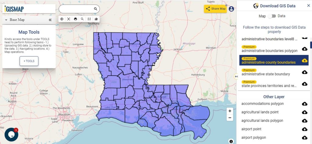Download Louisiana State GIS Map - Boundary, Parishes, Rail, highway