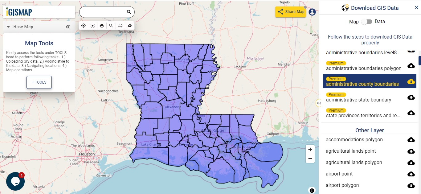 Download Louisiana State GIS Map - Boundary, Parishes, Rail, highway