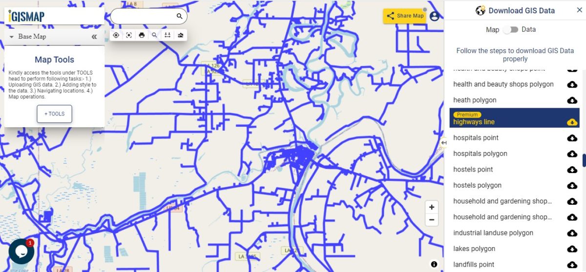 Download Louisiana State GIS Map - Boundary, Parishes, Rail, highway