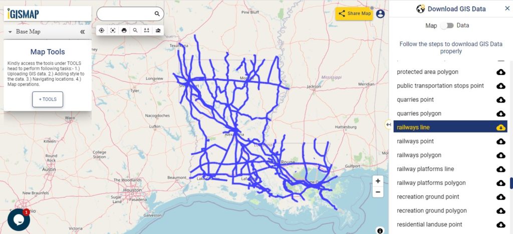Download Louisiana State GIS Map - Boundary, Parishes, Rail, highway