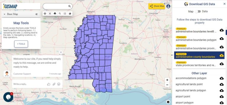 Download Mississippi state GIS maps - counties, rail, highway, shapefile