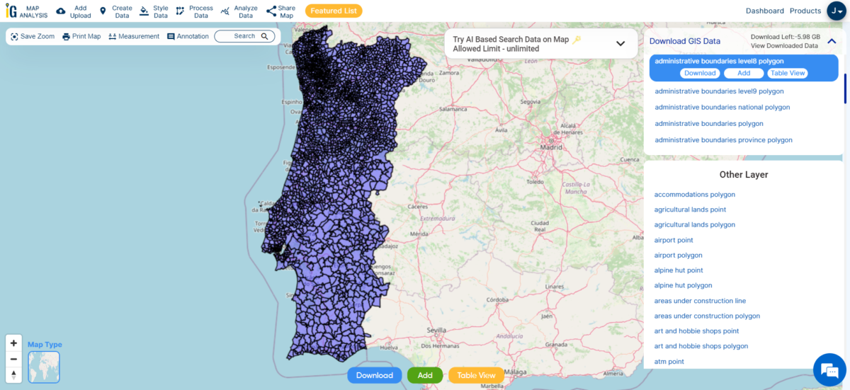 Download Portugal GIS Data Formats- Shp, KML, GeoJSON, CSV.