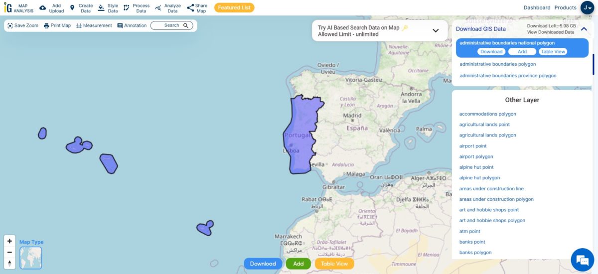 Download Portugal GIS Data Formats- Shp, KML, GeoJSON, CSV.