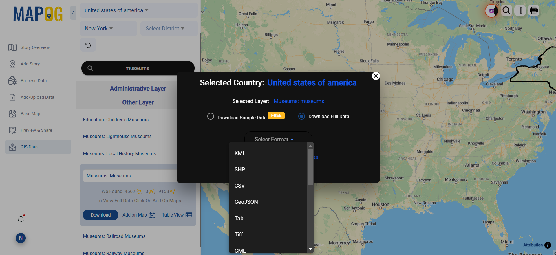 Download Museum Data in Shapefile, KML, MID +15 GIS Formats