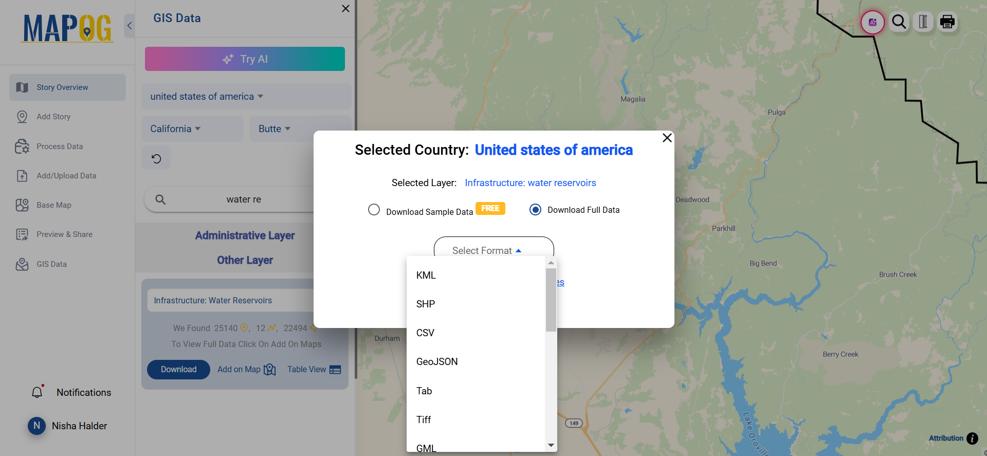 Download Water Reservoirs Data in Shapefile, KML, MID +15 GIS Formats Using GIS Data by MAPOG