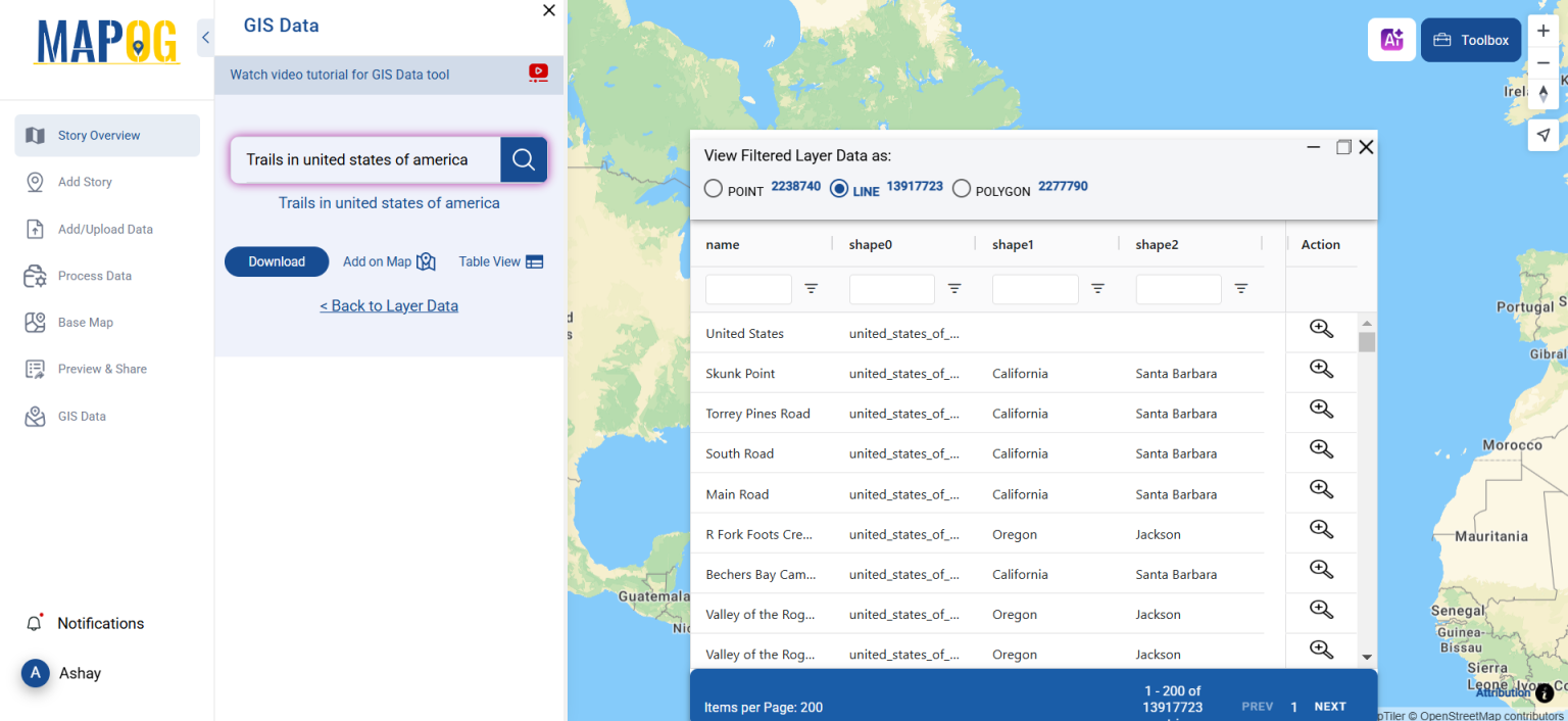 Download Trails Data in Shapefile, KML, MID +15 GIS Formats