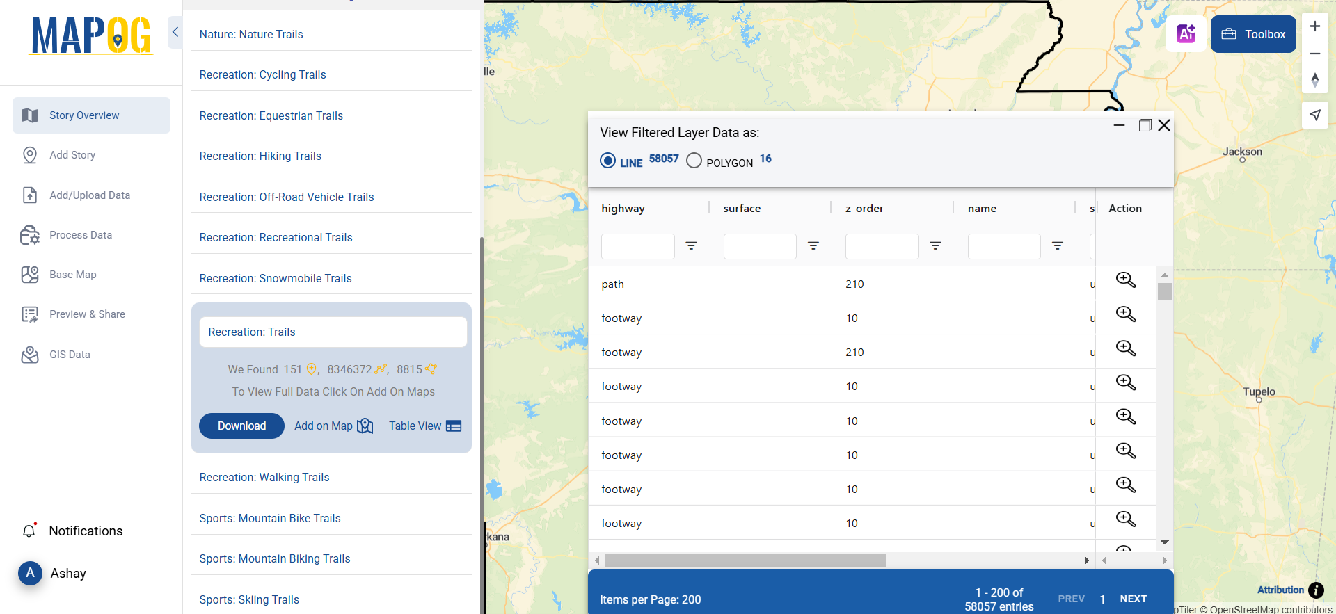 Download Trails Data in Shapefile, KML, MID +15 GIS Formats