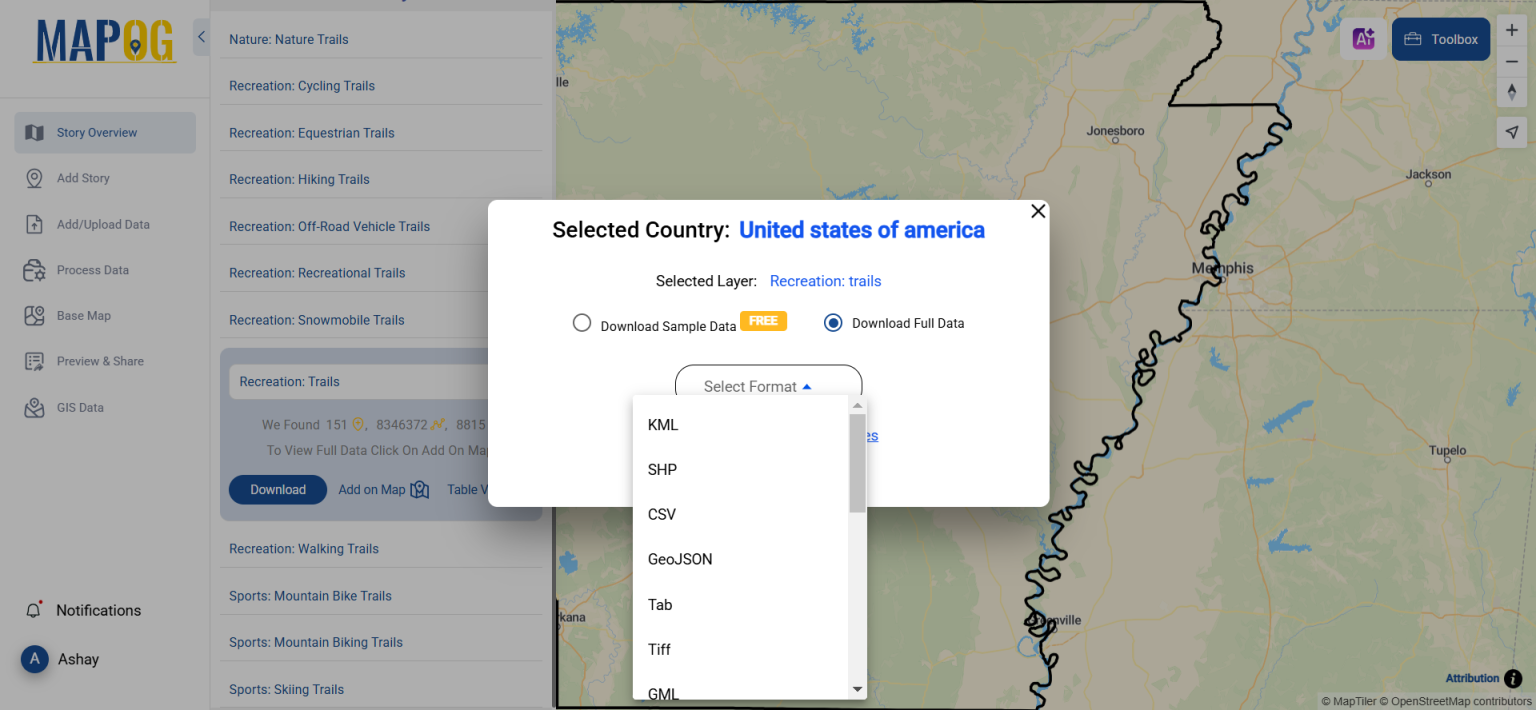 Download Trails Data in Shapefile, KML, MID +15 GIS Formats
