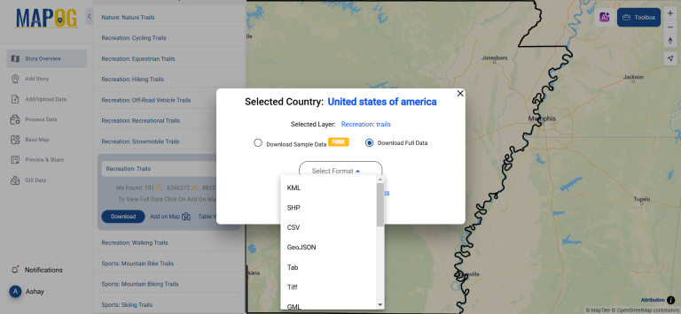 Download Trails Data in Shapefile, KML, MID +15 GIS Formats