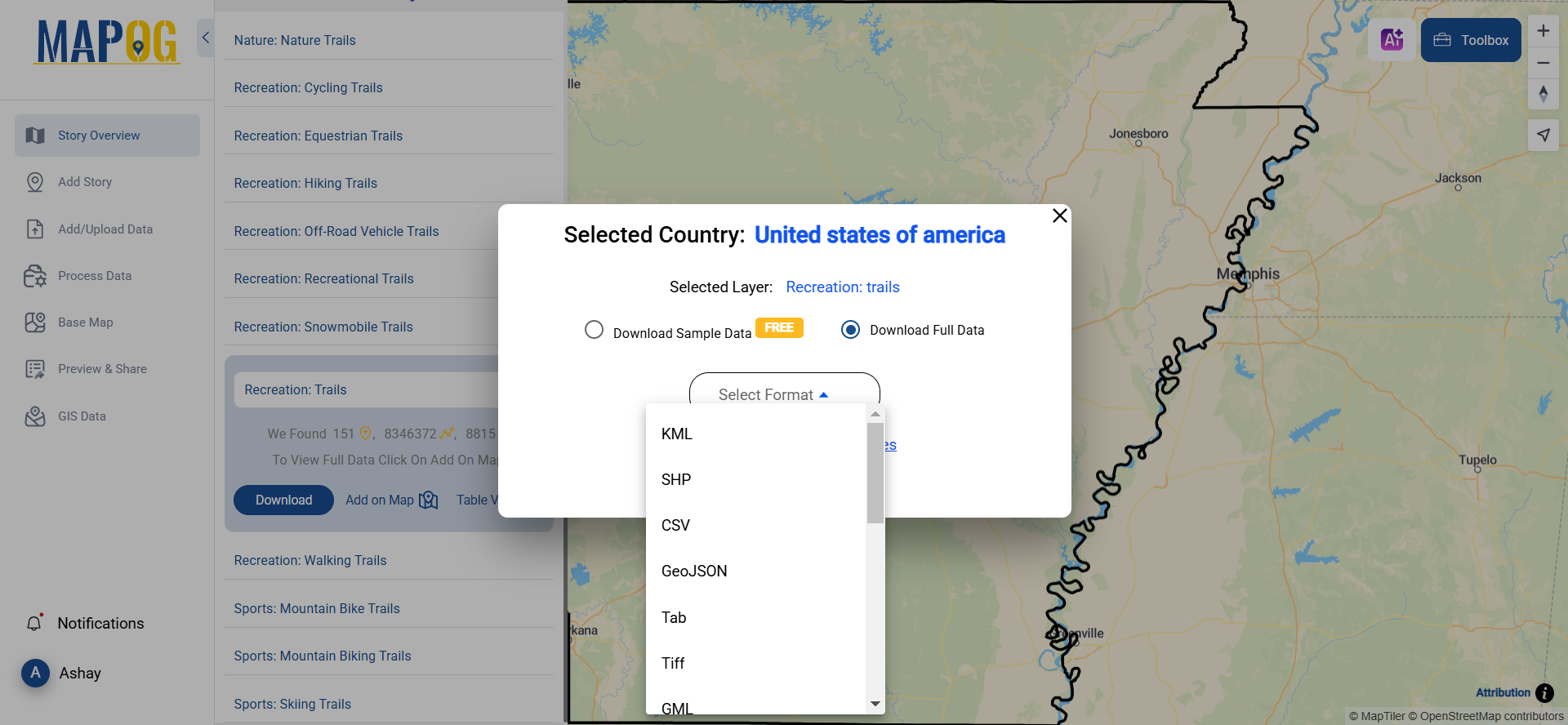 Download Trails Data in Shapefile, KML, MID +15 GIS Formats