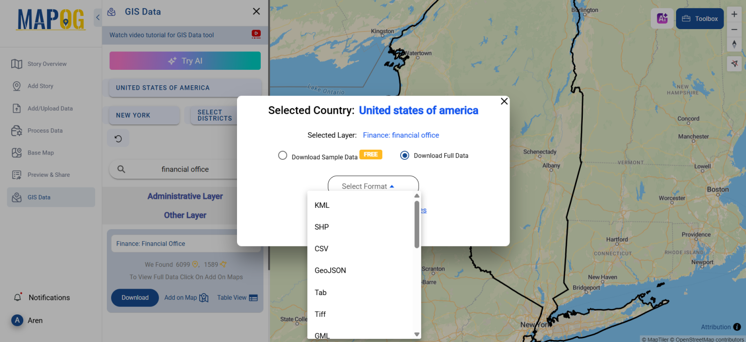 Download Financial Office Data in Shapefile, KML, MID +15 GIS Formats