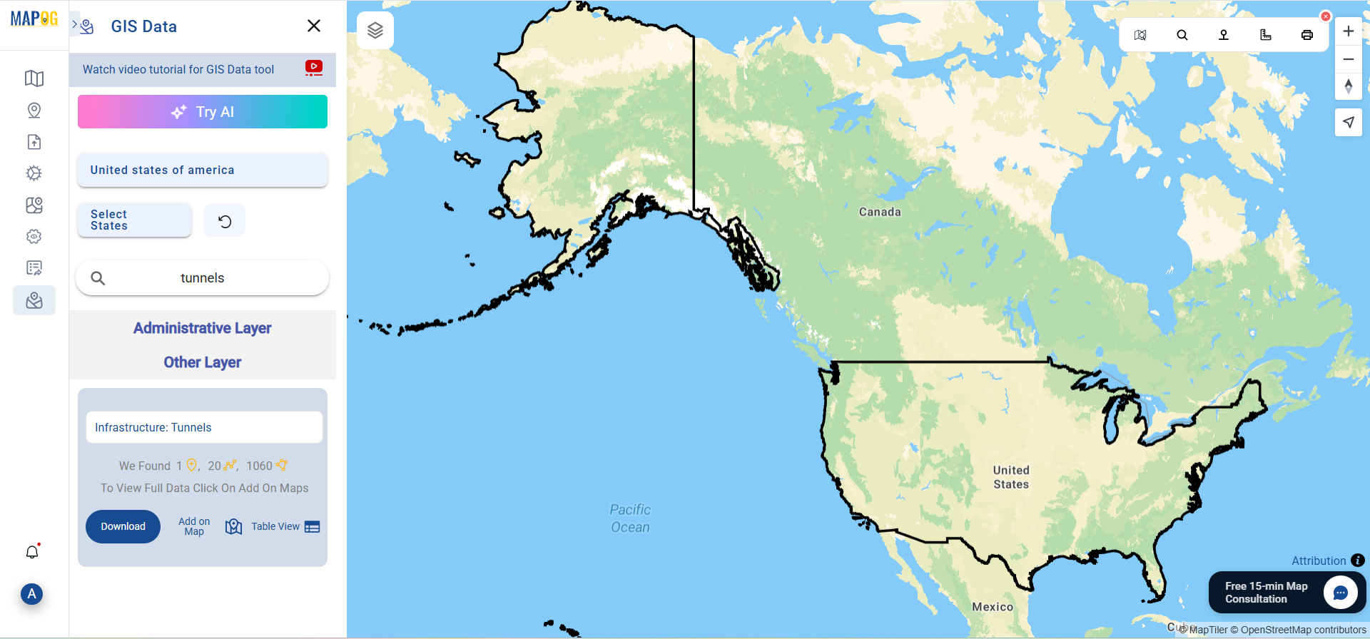 Download Tunnels Data in Shapefile, KML, MID +15 GIS Formats and Create Map